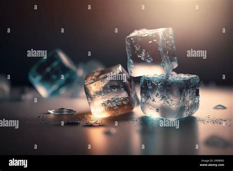 Melting Ice Cubes With Water Drops On A Table Clear Ice In Cube Shape