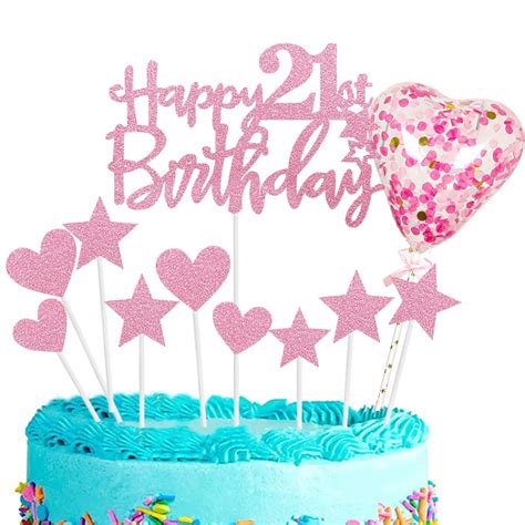 11pcs Pink Happy 21st Birthday Cake Toppers Personalised Cake Topper