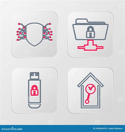 Set Line Retro Wall Watch Usb Flash Drive With Lock Ftp Folder And And Cyber Security Icon