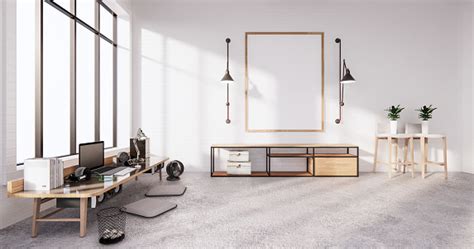 흰색 콘크리트 바닥과 흰색 벽돌 벽 디자인미니 책상에 내부 컴퓨터 및 사무실 도구 3d 렌더링 0명에 대한 스톡 사진 및 기타 이미지 Istock