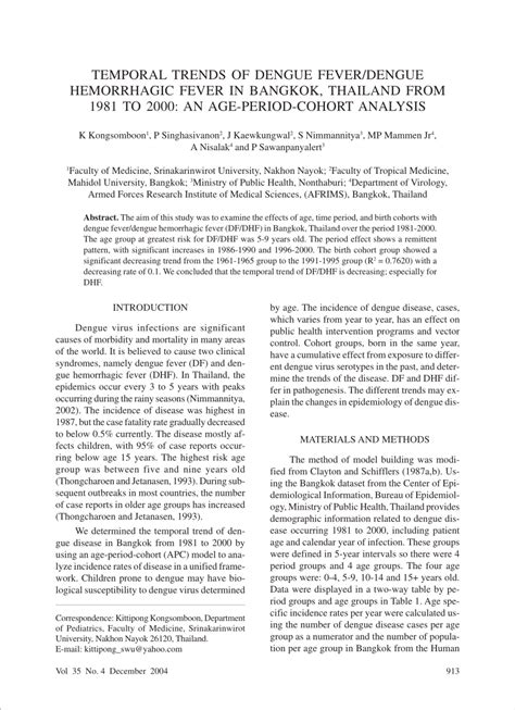 Pdf Temporal Trends Of Dengue Fever Dengue Hemorrhagic Fever In Bangkok Thailand From 1981 To
