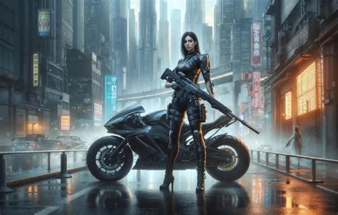 Обои city girl fantasy bike weapon на телефон и рабочий стол