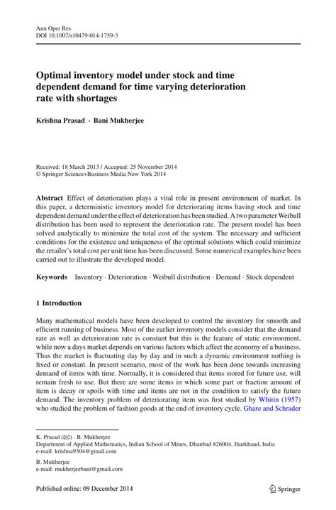 Pdf Optimal Inventory Model Under Stock And Time Dependent Demand For