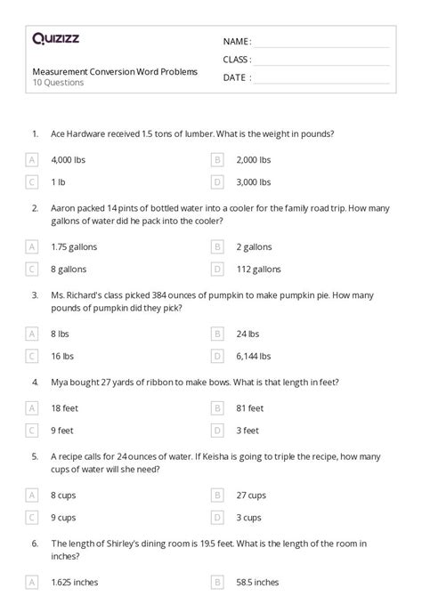 Conversions Word Problems Worksheet