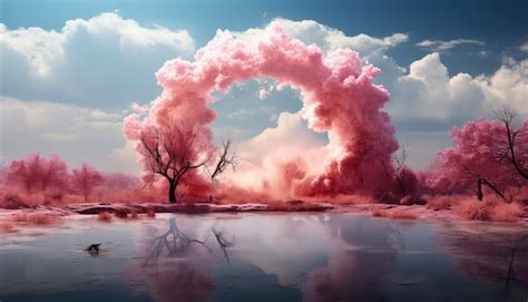 Premium Ai Image Large Circular Structure With Pink Clouds And Trees