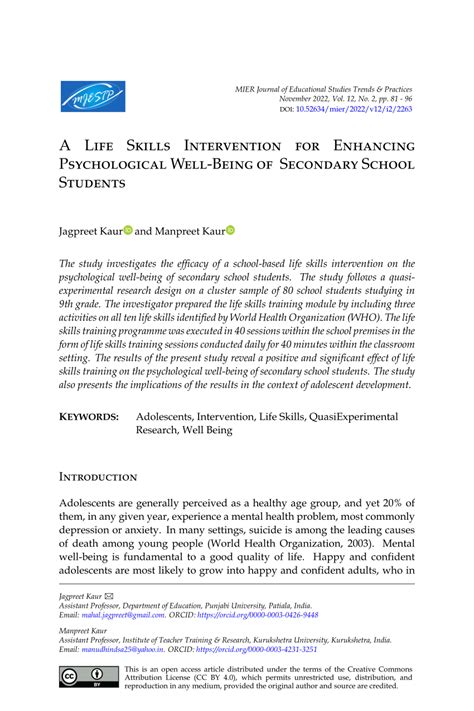 Pdf A Life Skills Intervention For Enhancing Psychological Well Being