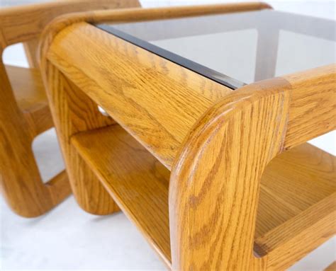 Pair Of Mid Century Solid Oak Smoked Glass Top End Side Tables W