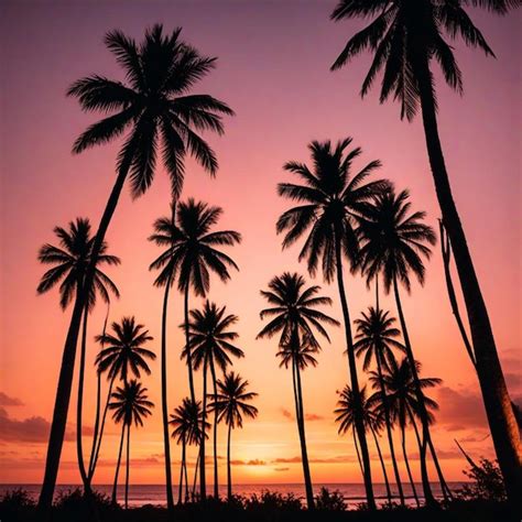 A Group Of Palm Trees With A Pink Sunset In The Background Premium Ai