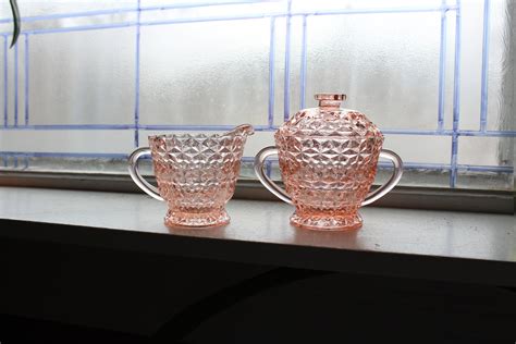 Pink Depression Glass Sugar Bowl And Creamer Buttons And Bows 1930s
