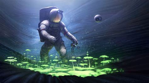 Astronauta de ciencia ficción plantando arboles bajo el agua Fondo de