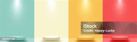 부드러운 파스텔 그린 크림 옐로우 레드 컬러 장면 배경 세트 스포트라이트가 있는 3d 스테이지 시상대 제품 디스플레이 광고 쇼용 받침대 최소한의 스튜디오 복고풍 스타일 벡터