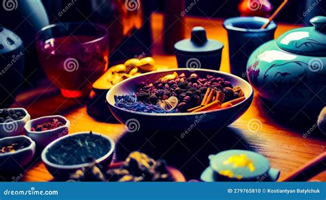 Wooden Table Topped With Bowls And Bowls Filled With Different Types Of