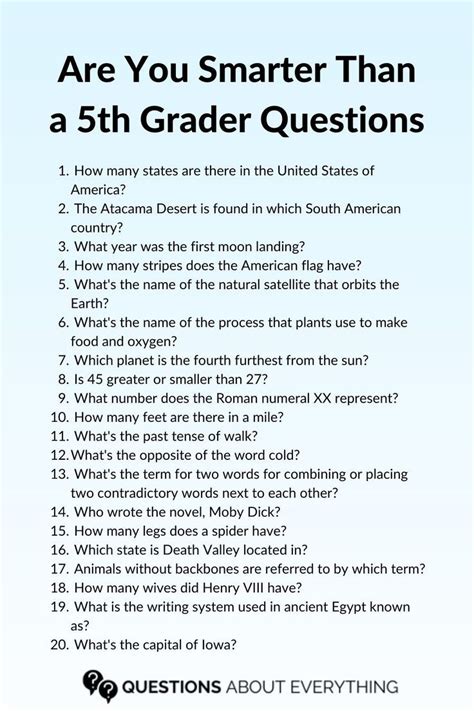 Are You Smarter Than A 5th Grader Questions With Answers Are