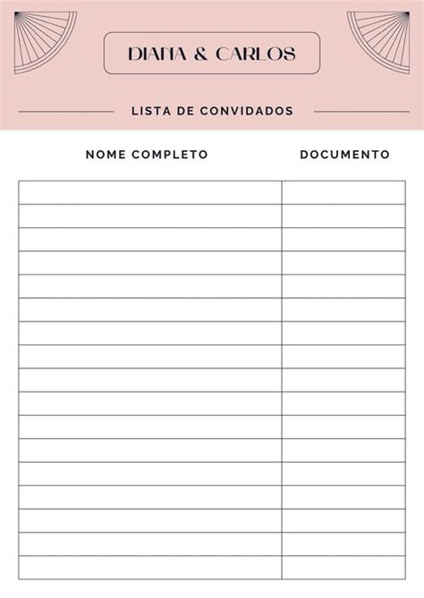 Documento A4 Lista De Convidados Casamento Art Déco Elegante Rosa
