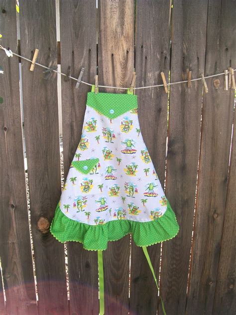 Girl Ruffled Apron Beach Frog Ruffled Girl Apron Size 12 Etsy