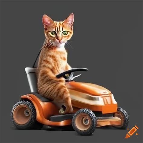 Orange Cat Driving A Riding Lawn Mower