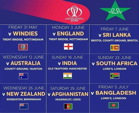 Icc Cricket World Cup 2019 Schedule For Pakistan Team Paki Mag