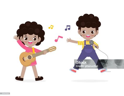 귀여운 작은 흑인 소년과 소녀는 기타를 연주하고 노래 행복한 아이 커플 화이트 배경 벡터 일러스트레이션에 고립 된 음악 공연