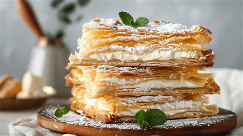 A Stack Of Baked Napoleon Pie Slices With Cream Puff Pastry Delicious Dessert Background Yummy