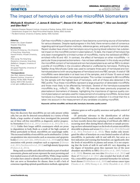Pdf The Impact Of Hemolysis On Cell Free Microrna Biomarkers