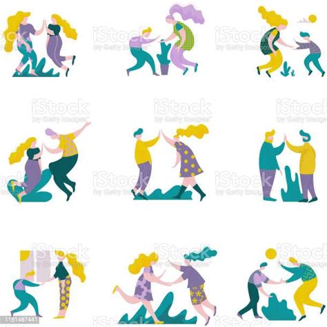 서로 설정 하 고 남성과 여성 캐릭터 재미 인간의 상호 작용 우정 팀워크 협력 벡터 일러스트 레이 션에 높은 5 주는 사람들 2