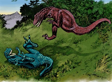 Two Laelaps Dinosaurs Dryptosaurus Fighting Charles R Knight