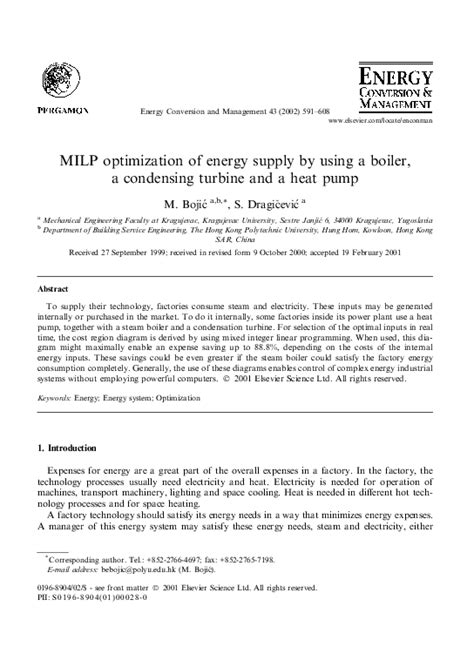 Pdf Milp Optimization Of Energy Supply By Using A Boiler A Condensing Turbine And A Heat Pump