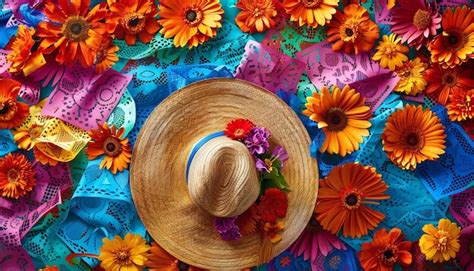 Hispanic Heritage Month Background With Mexican Paper Flags Straw Hat And Flowers Premium Ai