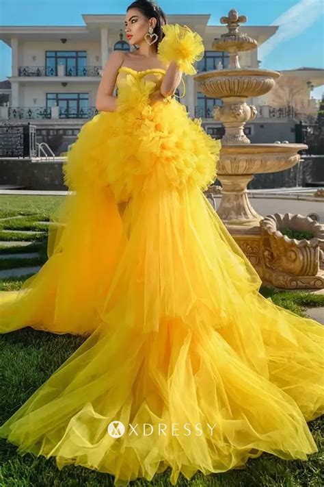 Ruffled Yellow Tulle Strapless High Low Princess Dress Xdressy