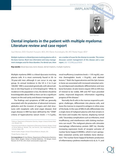 Pdf Dental Implants In The Patient With Multiple Myeloma Literature