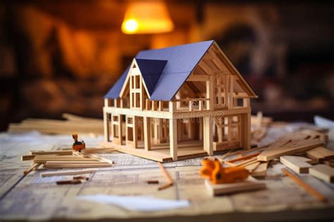 Modern House Being Built On Detailed Architectural Blueprints For