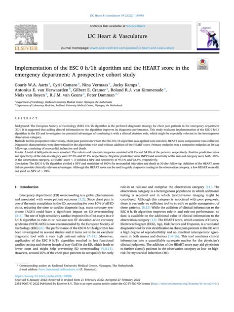 Pdf Implementation Of The Esc 0 H1h Algorithm And The Heart Score In