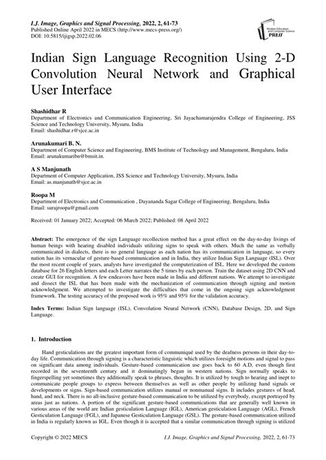 Pdf Indian Sign Language Recognition Using 2 D Convolution Neural Network And Graphical User