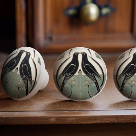 Sage Green Mackintosh Black Birds Art Deco Decor Ceramic Knob Zazzle