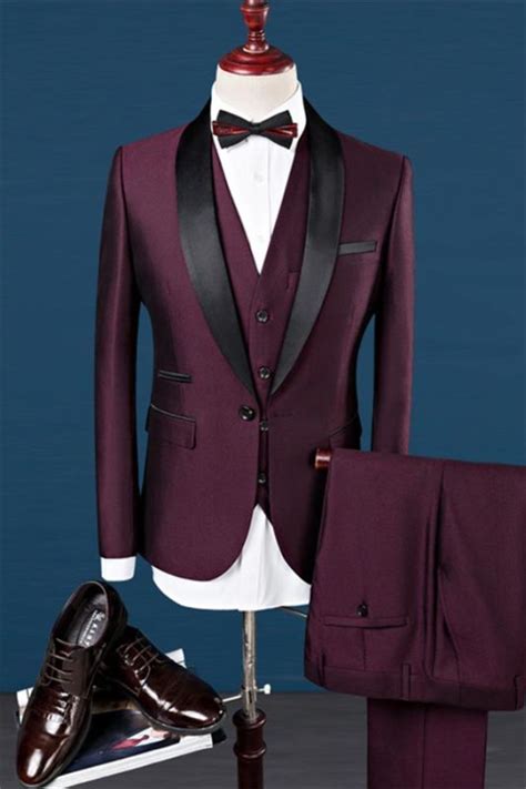 Burgundy Slim Fit Shawl Lapel Groomsmen Suit Fashion Black Trim