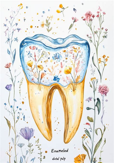A Gold Floral Anatomical Chart Of A Tooth With The Text Enameled Dental Pulp On A White