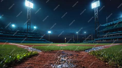 Nighttime Baseball Field Illuminated By Stadium Lights With A Blurred