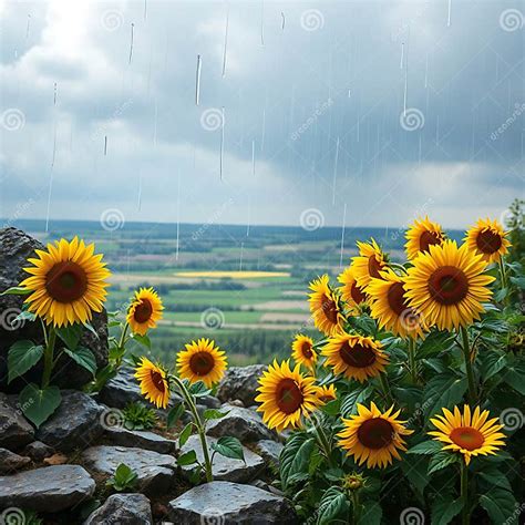 A Beautiful Summer Scene With Rainy Weather Featuring A Rock Garden
