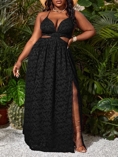 Shein Sxy Plus Tie Backless Split Thigh Applique Floral Jacquard Dress