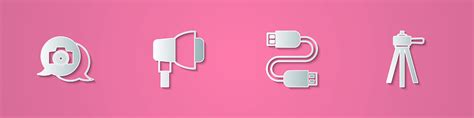 종이 절단 사진 카메라 소프트박스 조명 Usb 케이블 코드 및 삼각대 아이콘을 설정합니다 페이퍼 아트 스타일입니다 벡터 3차원