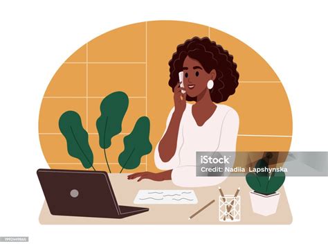 관리자가 전화 통화 중에 고객과 대화하고 있습니다 한 흑인 여성이 사무실에서 전화 통화를 하고 있다 벡터 평면 그림입니다 Brand Name Smart Phone에 대한