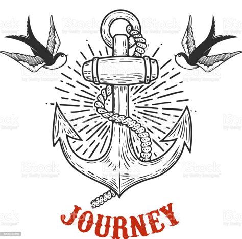 조각 스타일에 제비가있는 빈티지 앵커의 일러스트 라벨 기호 포스터 티셔츠에 대한 디자인 요소 벡터 일러스트레이션 꽃 식물에 대한