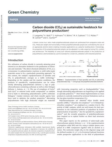 Pdf Carbon Dioxide Co2 As Sustainable Feedstock For Polyurethane