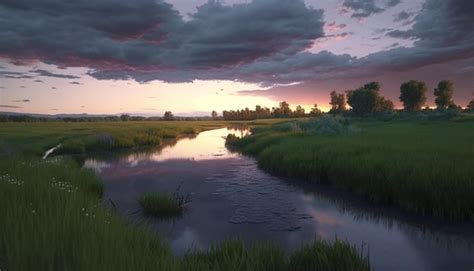 Premium Ai Image Beautiful Landscape With A River At Sunset Generative Ai Illustrator
