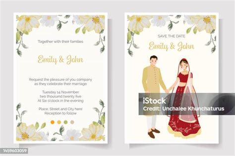 Pasangan Pengantin Muda India Dalam Gaun Merah Cat Air Bunga Buket