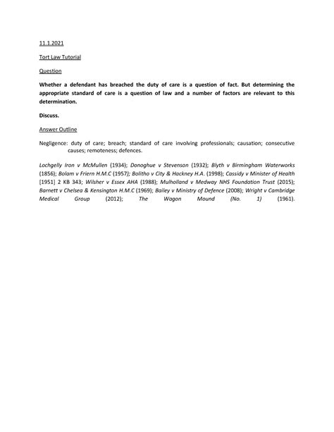 Tort Law Tutorial 111 2021 Eesay Answer Outine 11 Tort Law