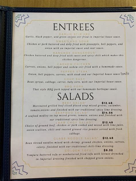 Menu At Imperial Thai Cuisine Restaurant Billings