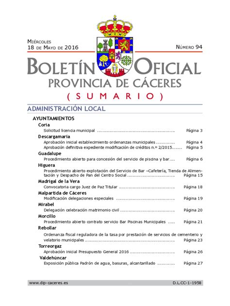 Completable En línea Boletn Oficial de la Provincia de Cceres Boletn N