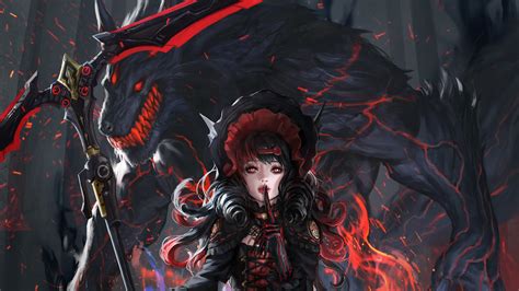 배경 화면 디지털 아트 긴 머리 무기 늑대 인간 큰 낫 빨간 눈 장갑 1920x1080 Axela