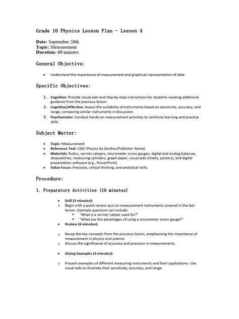 Grade 10 Physics Lesson Plan Lesson 4 Pdf